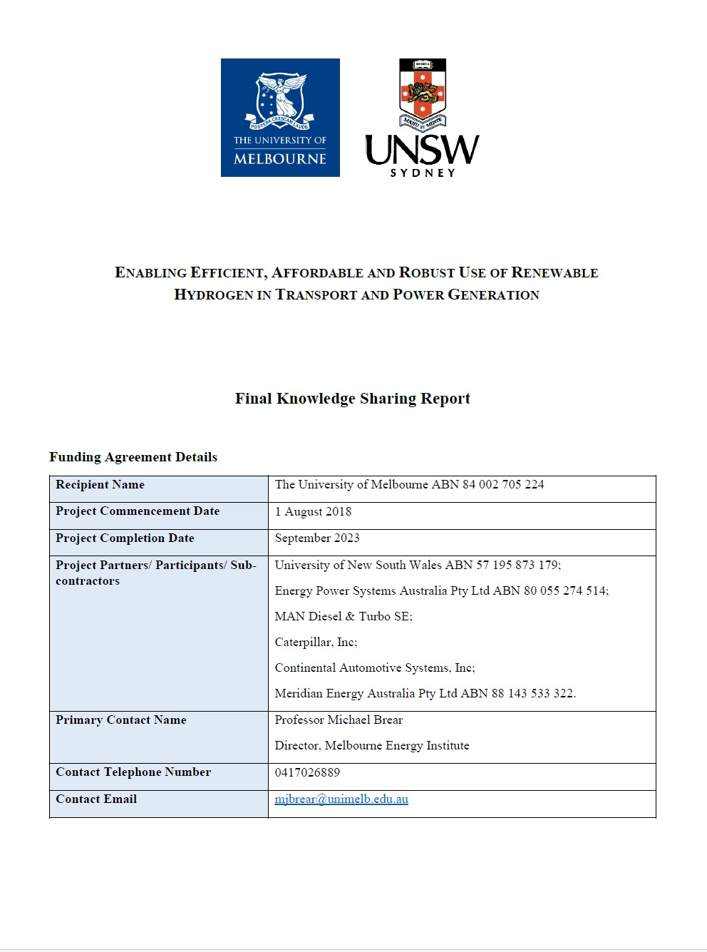 UNSW and Melbourne University - Enabling Use of Renewable Hydrogen ...