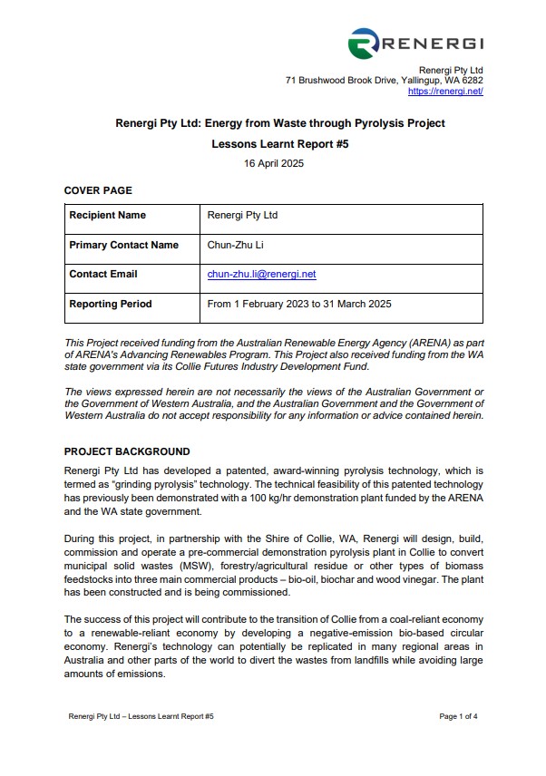 Renergi - Energy from Waste through Pyrolysis - Lessons Learnt Report 5 - Australian Renewable ...