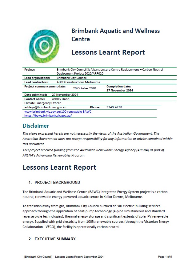 Brimbank Aquatic and Wellness Centre Integrated Energy System - Lessons Learnt Report 2 ...