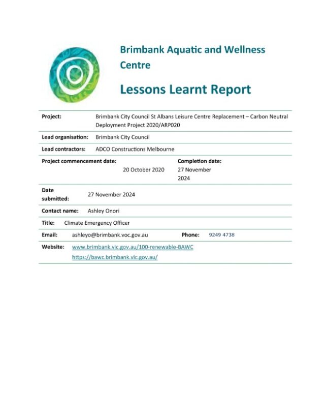 Brimbank Aquatic and Wellness Centre Integrated Energy System - Lessons Learnt Report 3 ...